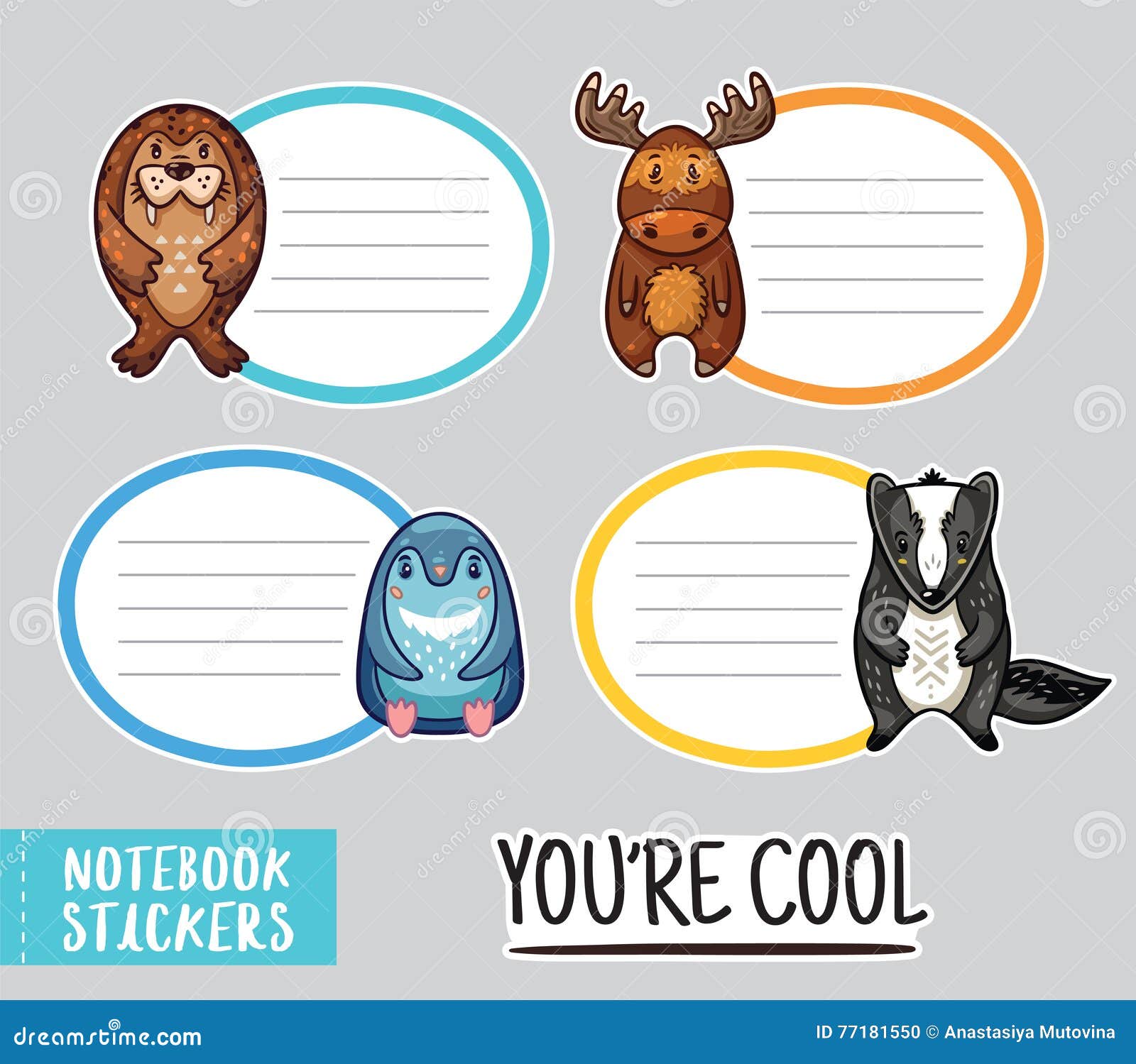 Cute Animals Notebook Stickers Stock Vector - Illustration of ...