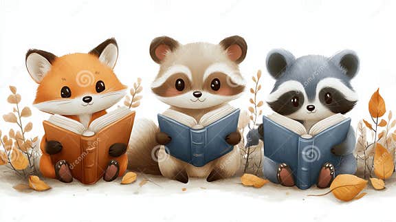 Cute animals reading books stock illustration. Illustration of cats ...