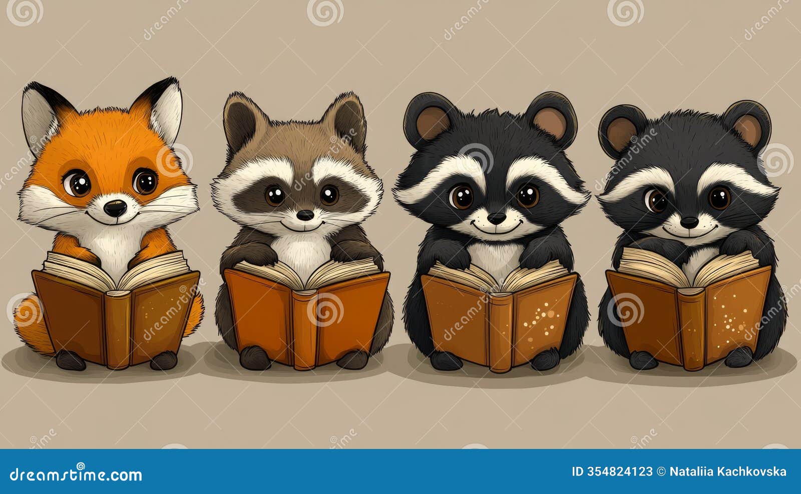 Cute animals reading books stock illustration. Illustration of adorable ...