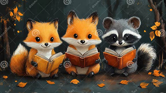 Cute animals reading books stock illustration. Illustration of white ...