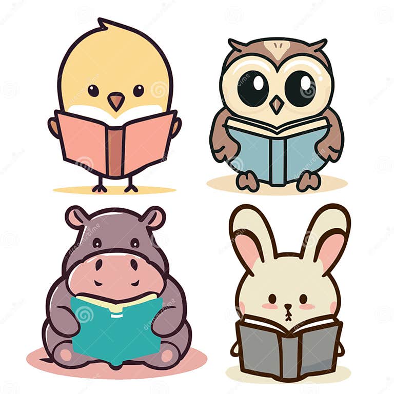 Cute Animals Reading Books Vector Graphics Stock Illustration ...