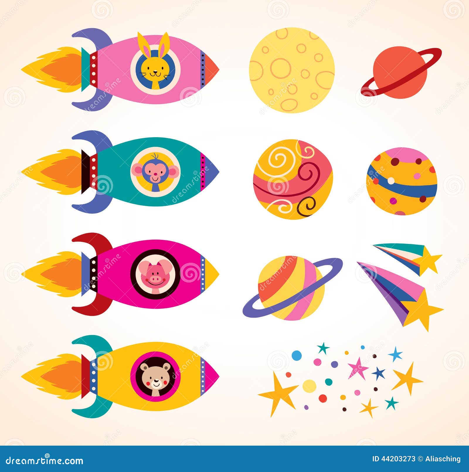 Cute Animals in Spaceships Kids Design Elements Set Stock Vector ...