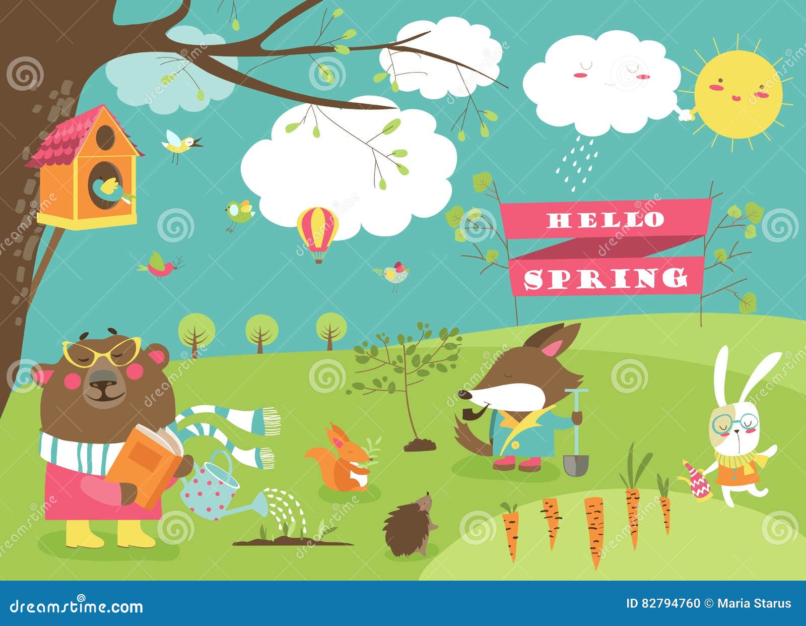 Cute Animals in Spring Forest Stock Vector - Illustration of leaf ...