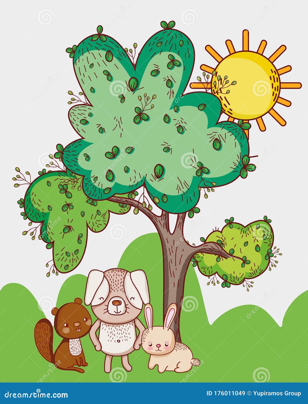 Cute Animals, Squirrel Rabbit and Grass Tree Sun Cartoon Stock Vector ...