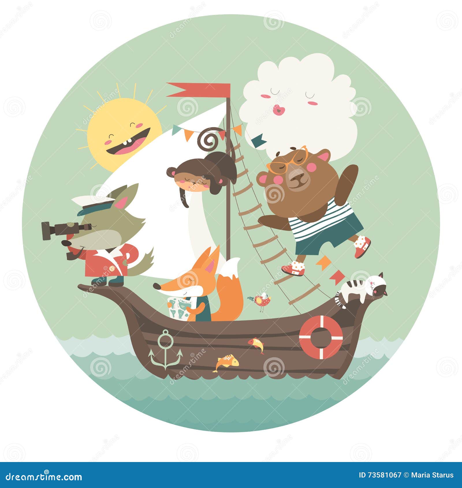 Cute Animals Travelling by Ship on Sea Stock Vector - Illustration of ...