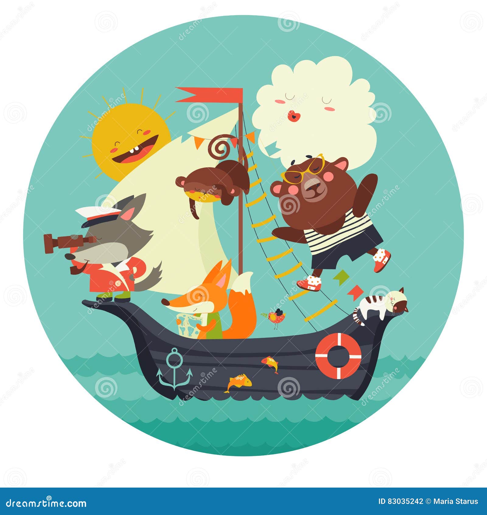 Cute Animals Travelling by Ship on Sea Stock Vector - Illustration of ...