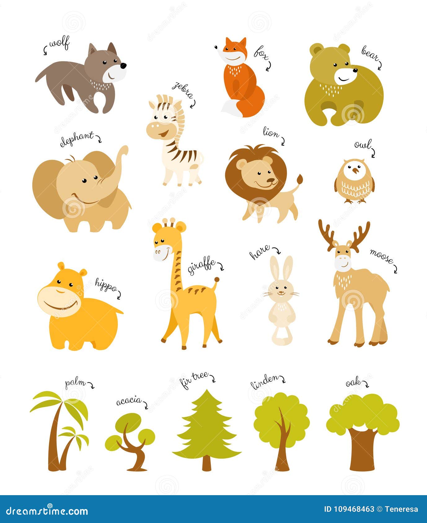 Cute Animals Vector Set. Forest Animals and African Animals with Trees ...