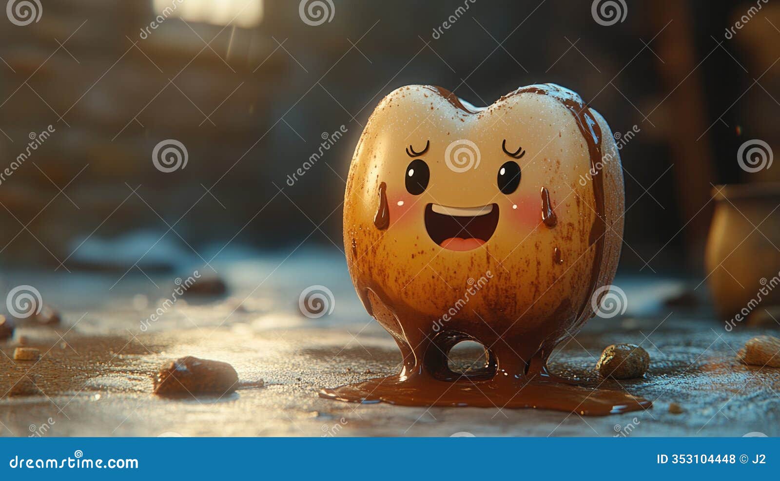 Cute Animated Apple Character Covered in Caramel Smiling Outdoors Stock ...