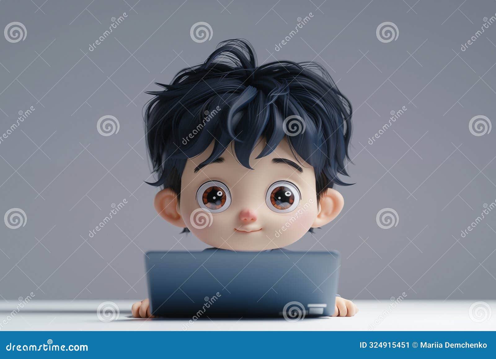 Cute Animated Boy Character With Big Eyes Using Laptop Computer, Front ...