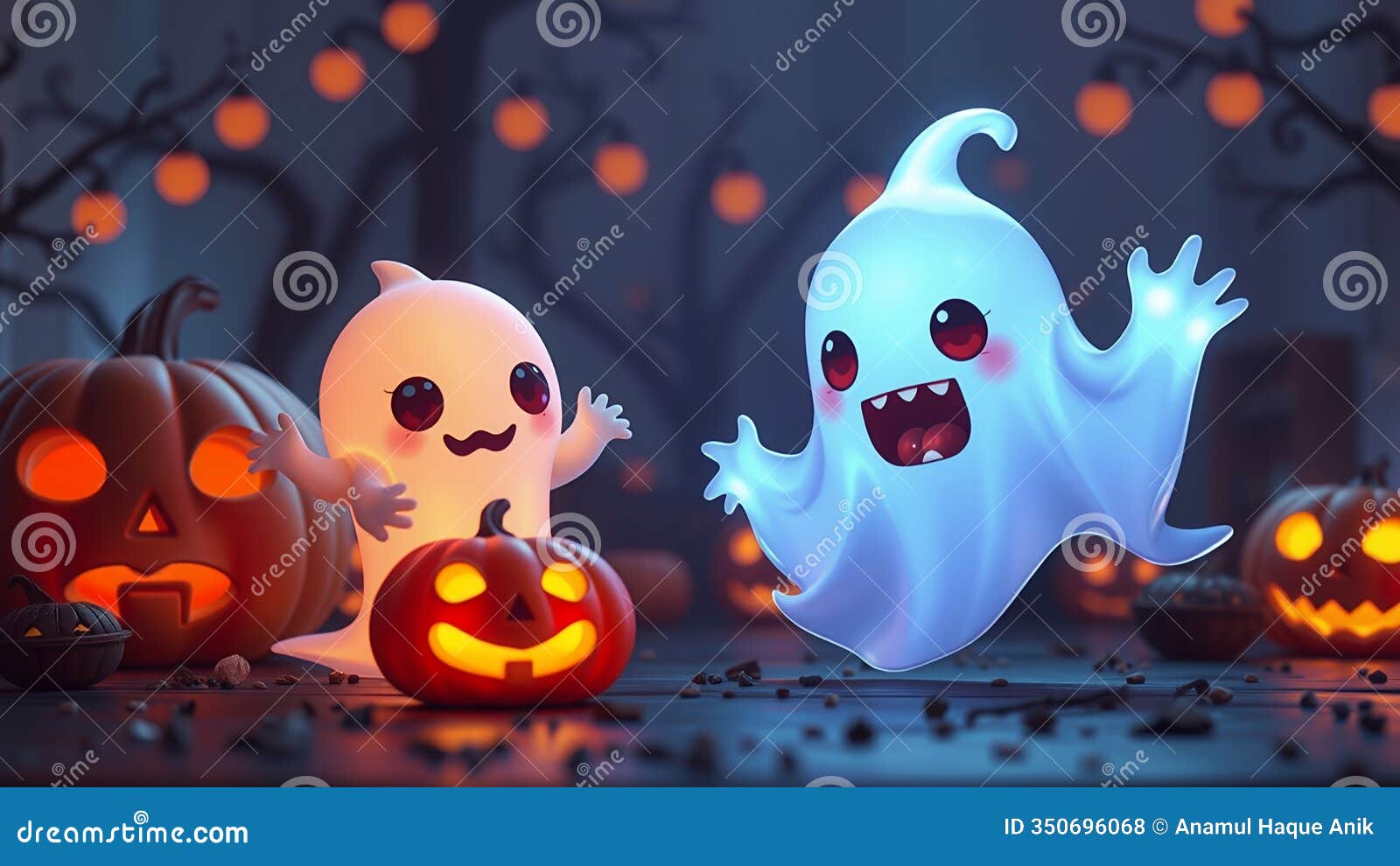 Cute Animated Ghosts Celebrate Halloween among Jackolanterns Stock ...