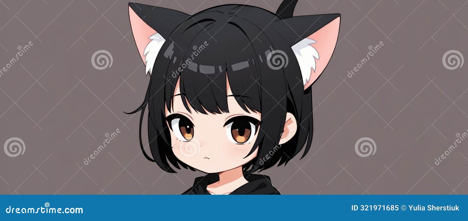 Cute Anime Chibi Black Girl with Cat Ears with Black Cat. Stock Image ...