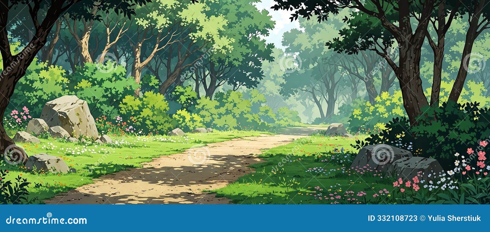 Cute Anime Forest with Trees, Flowers and a Forest Path. Anime Style ...