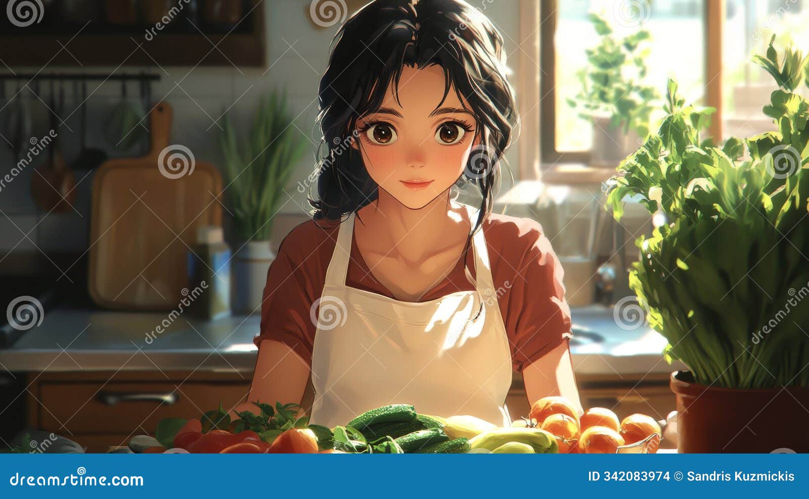 Cute Anime Girl Chef in the Kitchen. Generative AI. Stock Illustration ...