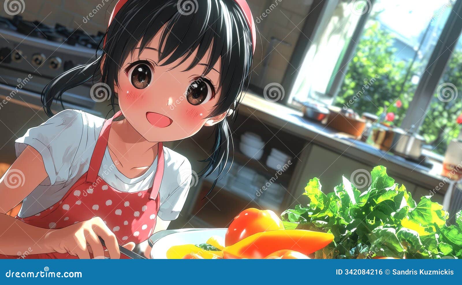 Cute Anime Girl Chef in the Kitchen. Generative AI. Stock Illustration ...