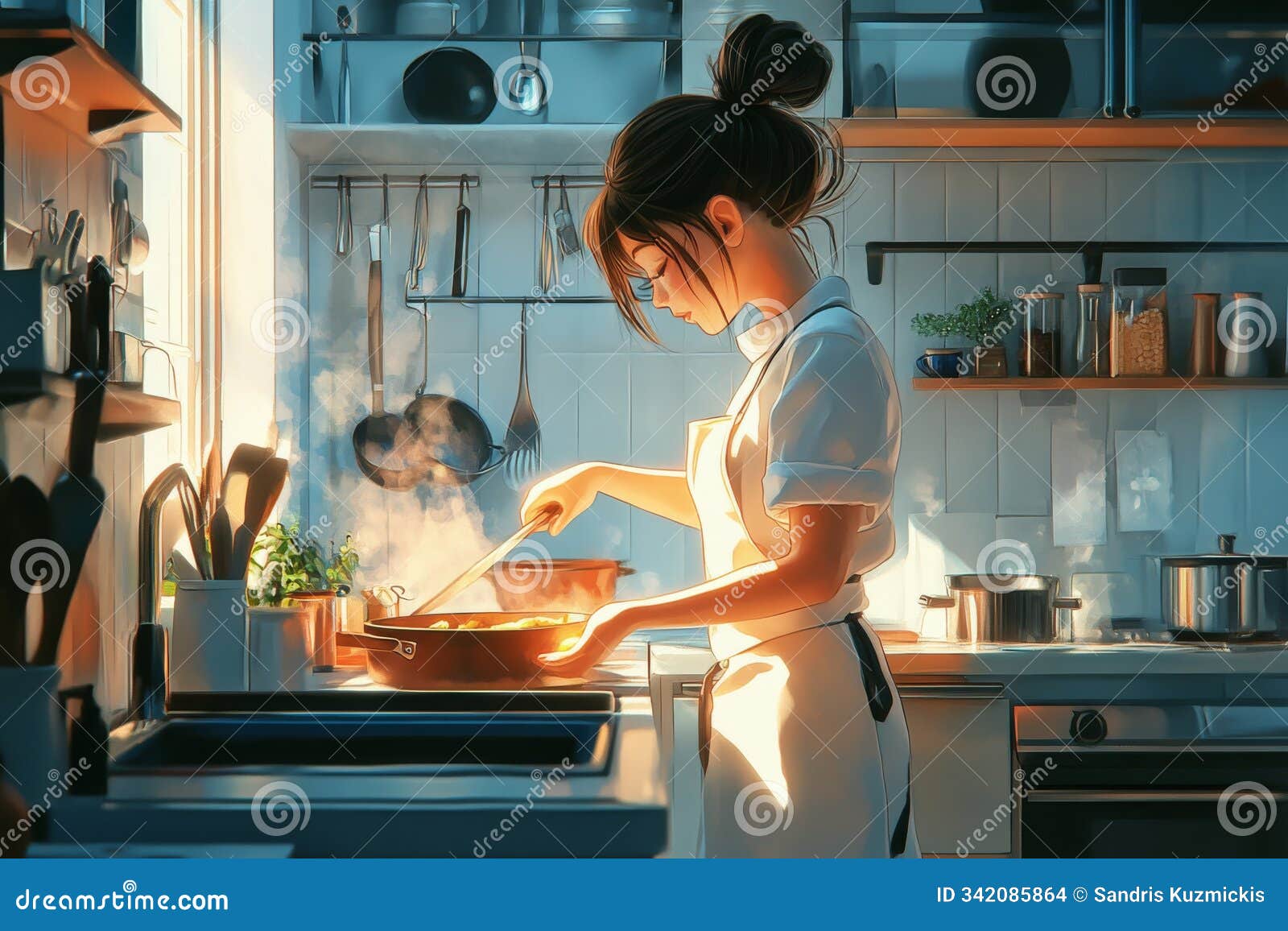 Cute Anime Girl Chef in the Kitchen. Generative AI. Stock Illustration ...