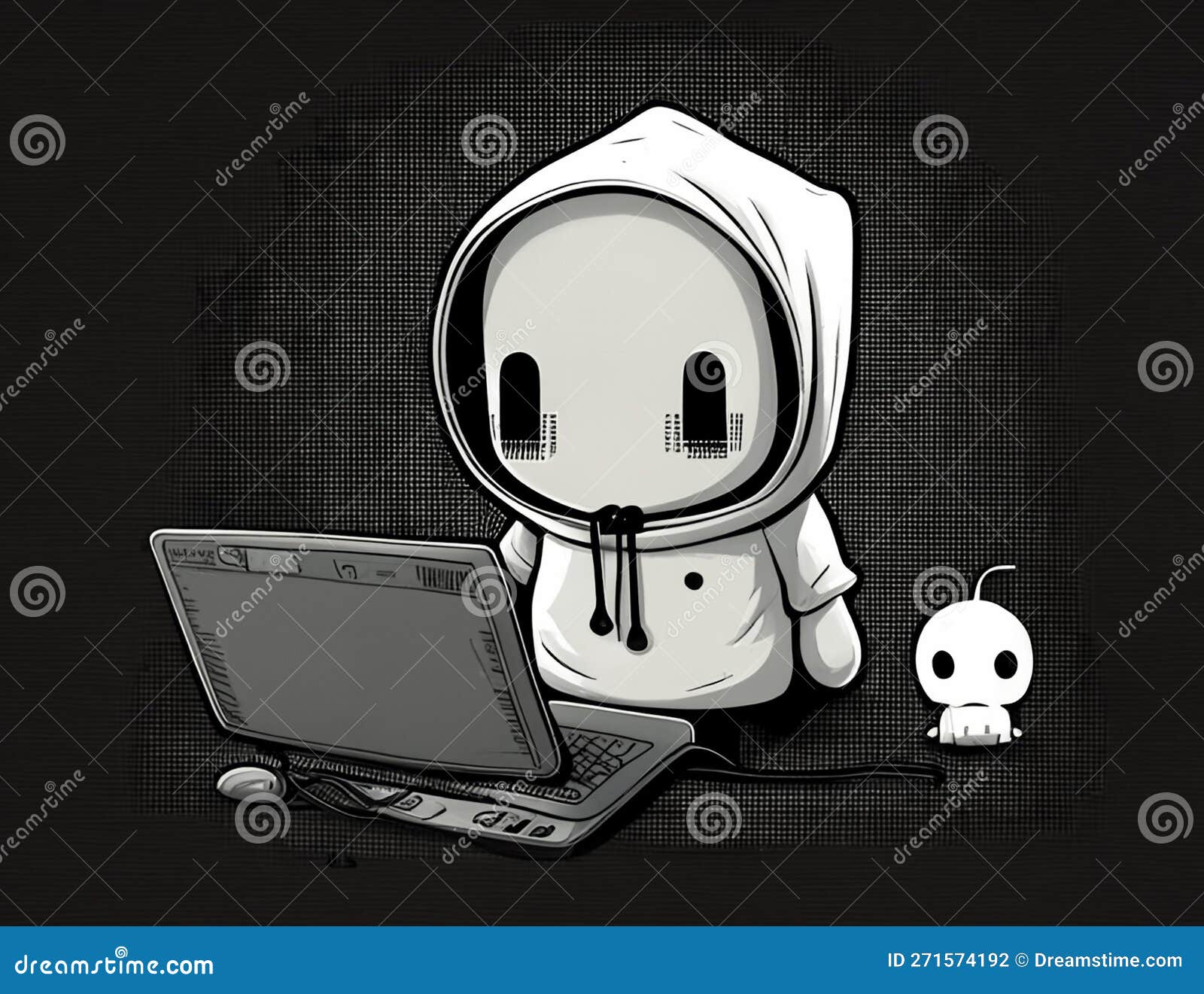 Cute Anonymous Hacker with White Hoodie Using Computer Laptop. Concept ...
