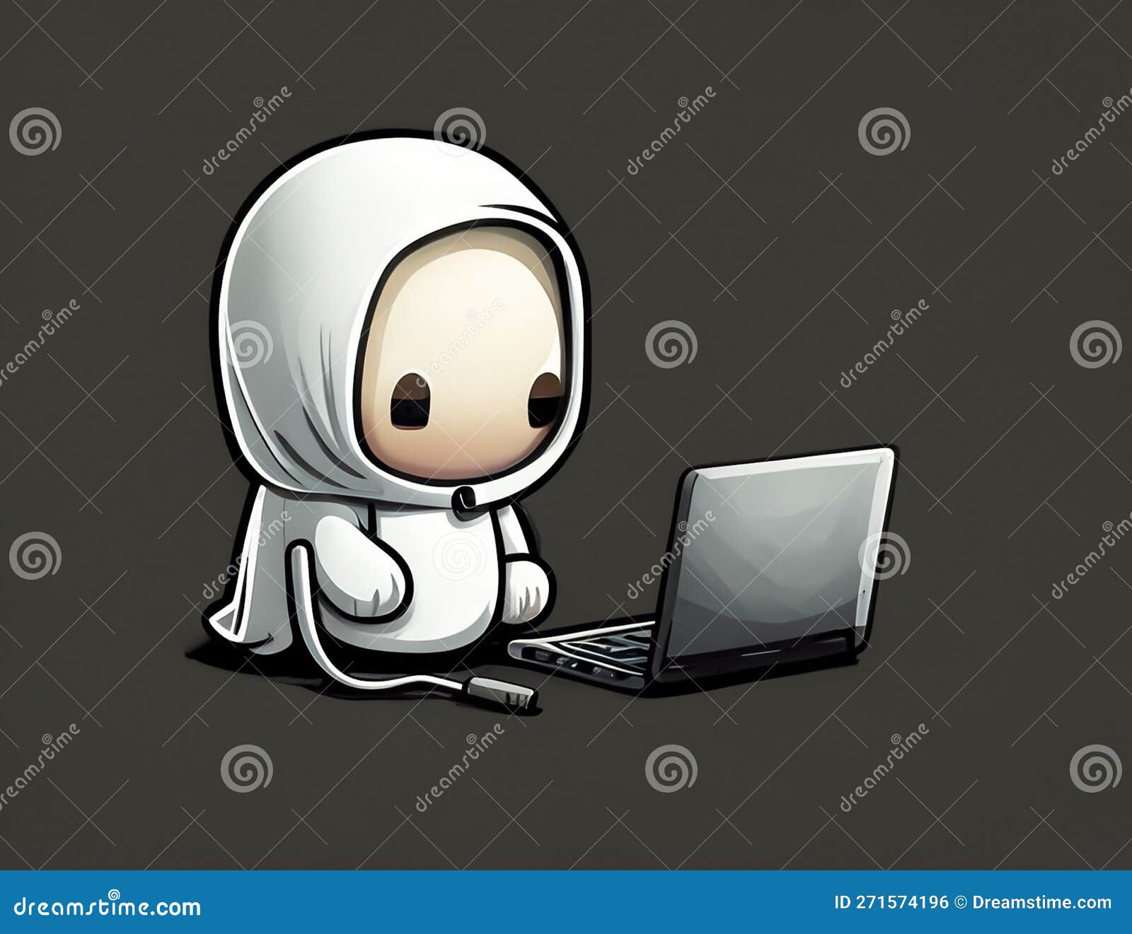 Cute Anonymous Hacker with White Hoodie Using Computer Laptop. Concept ...