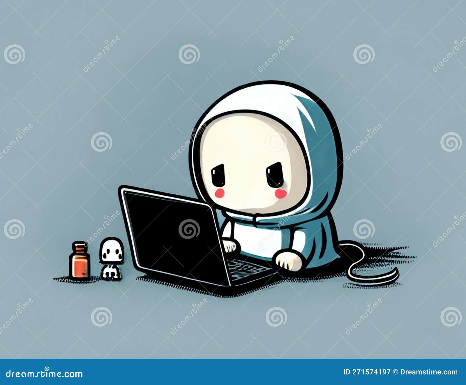 Cute Anonymous Hacker with White Hoodie Using Computer Laptop. Concept ...