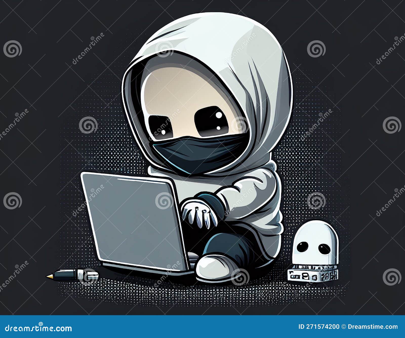 Cute Anonymous Hacker with White Hoodie Using Computer Laptop. Concept ...