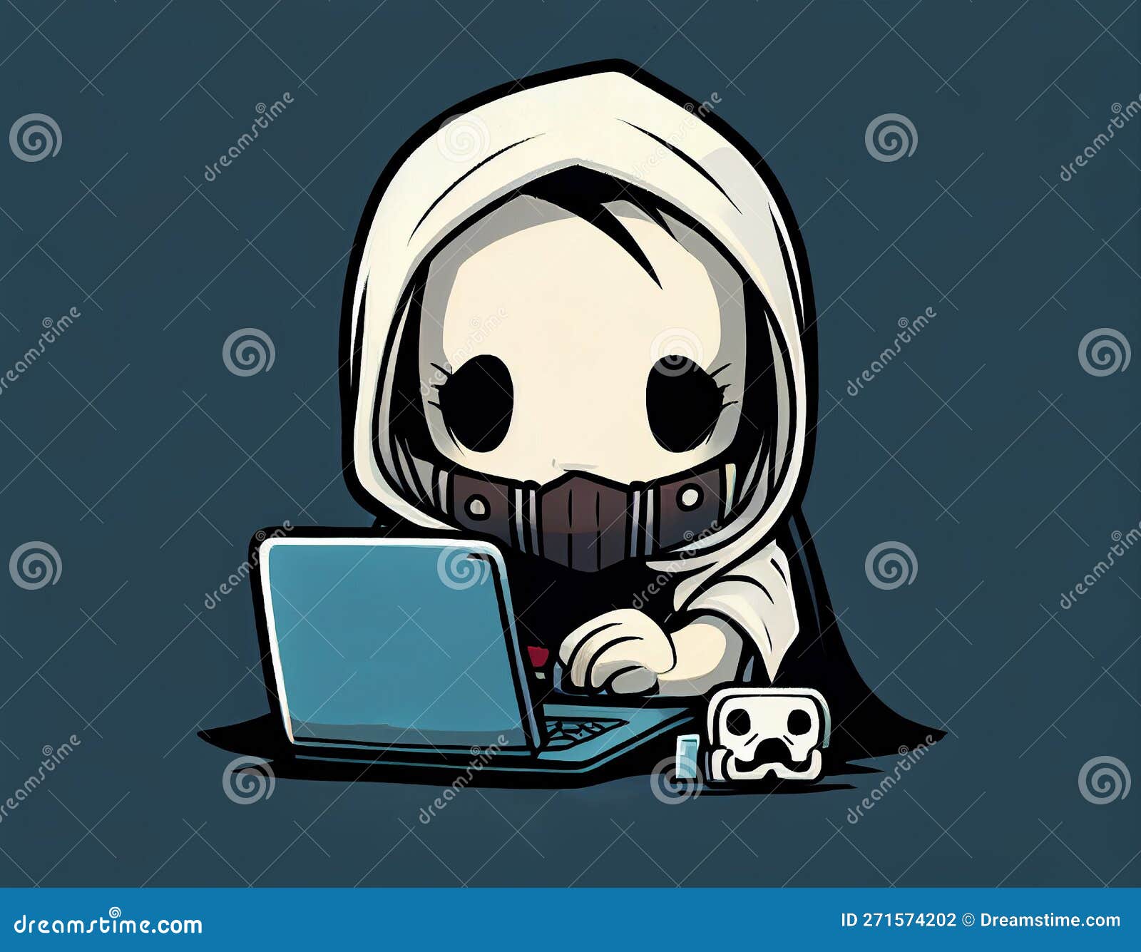 Cute Anonymous Hacker with White Hoodie Using Computer Laptop. Concept ...