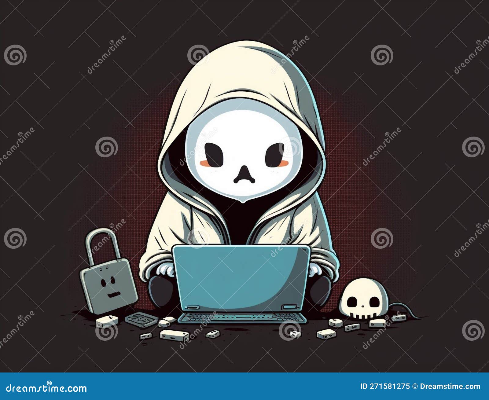 Cute Anonymous Hacker with White Hoodie Using Computer Laptop. Concept ...