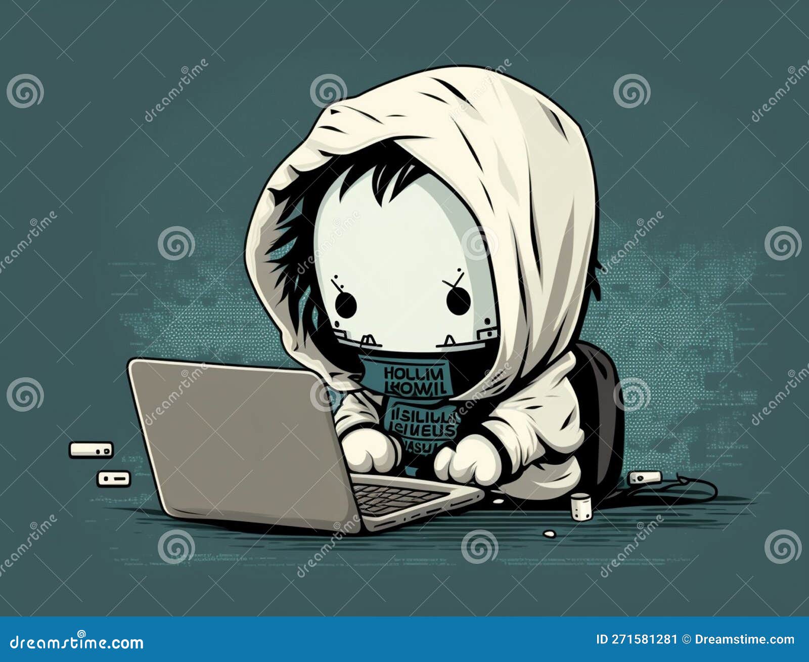 Cute Anonymous Hacker with White Hoodie Using Computer Laptop. Concept ...