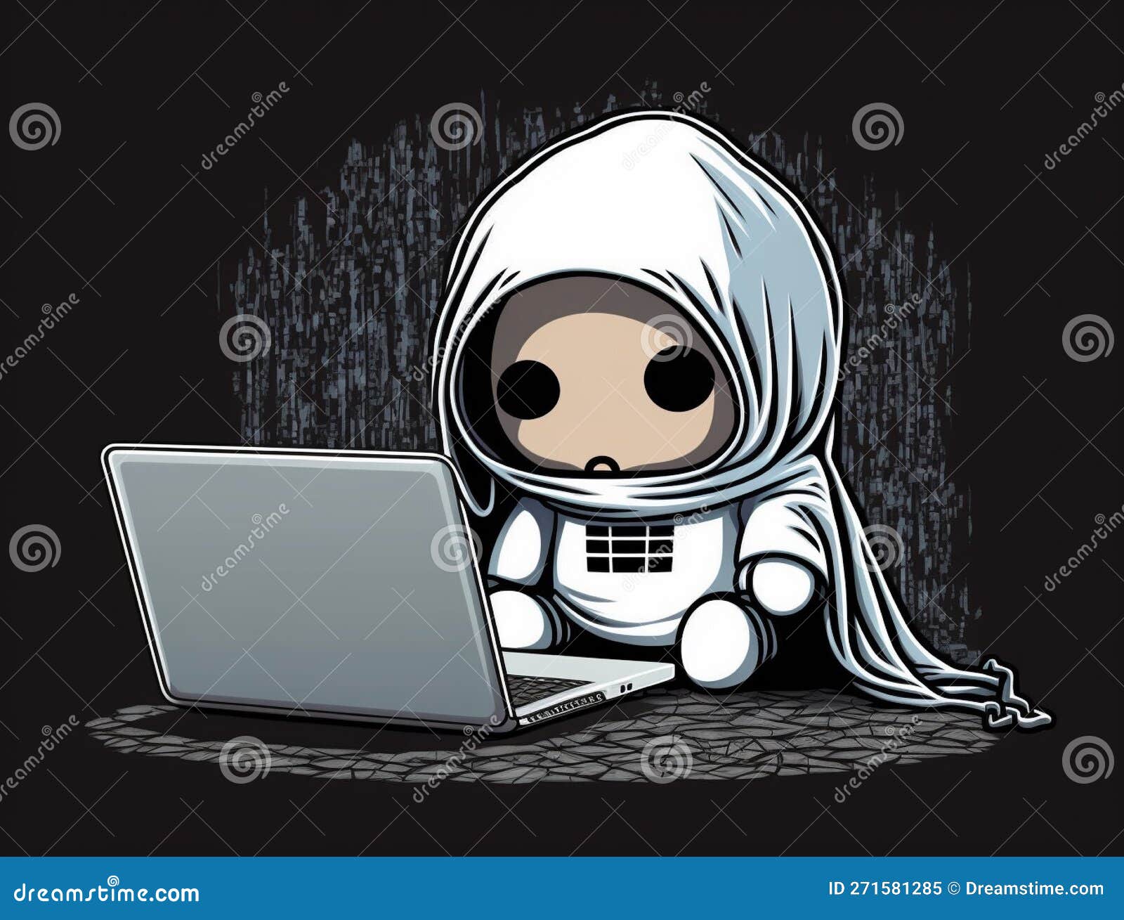 Cute Anonymous Hacker with White Hoodie Using Computer Laptop. Concept ...