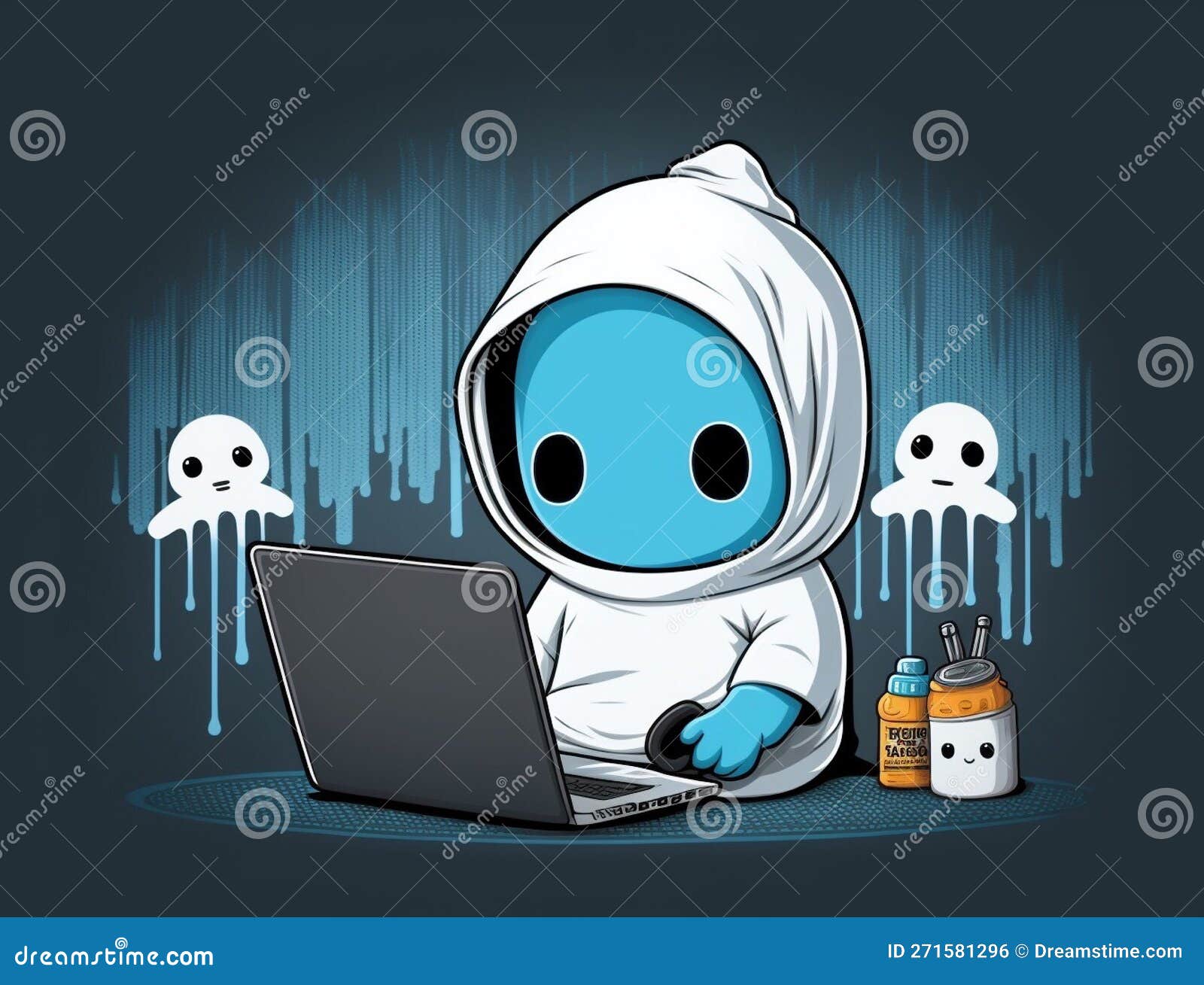 Cute Anonymous Hacker with White Hoodie Using Computer Laptop. Concept ...