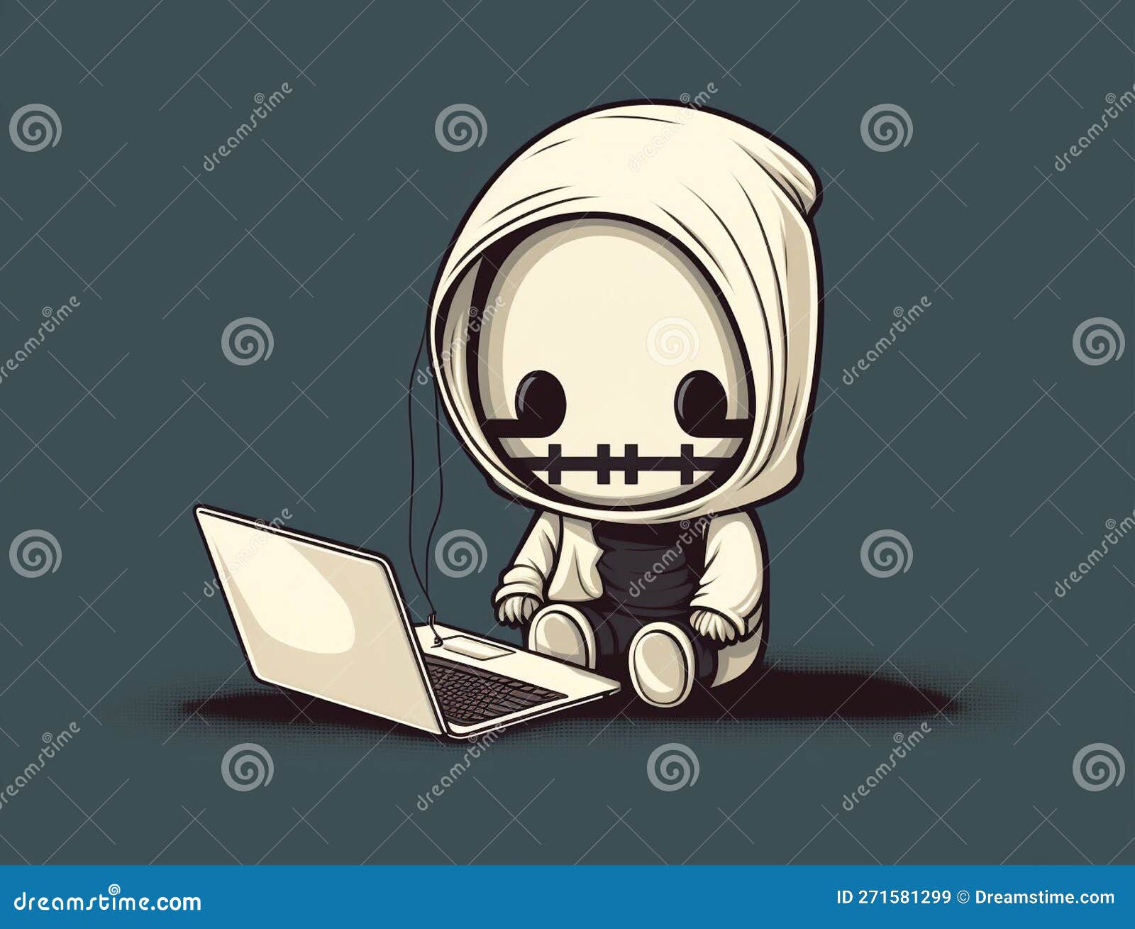 Cute Anonymous Hacker with White Hoodie Using Computer Laptop. Concept ...