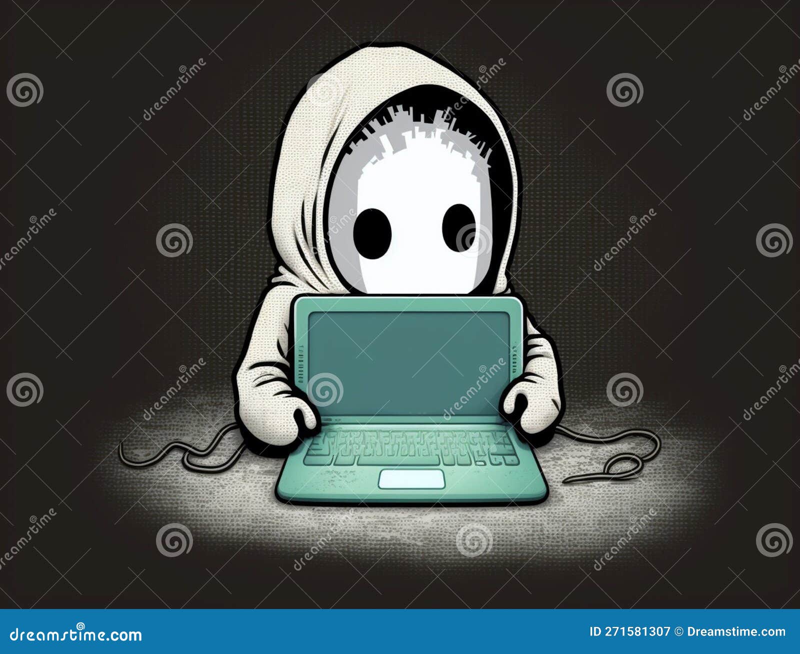 Cute Anonymous Hacker with White Hoodie Using Computer Laptop. Concept ...