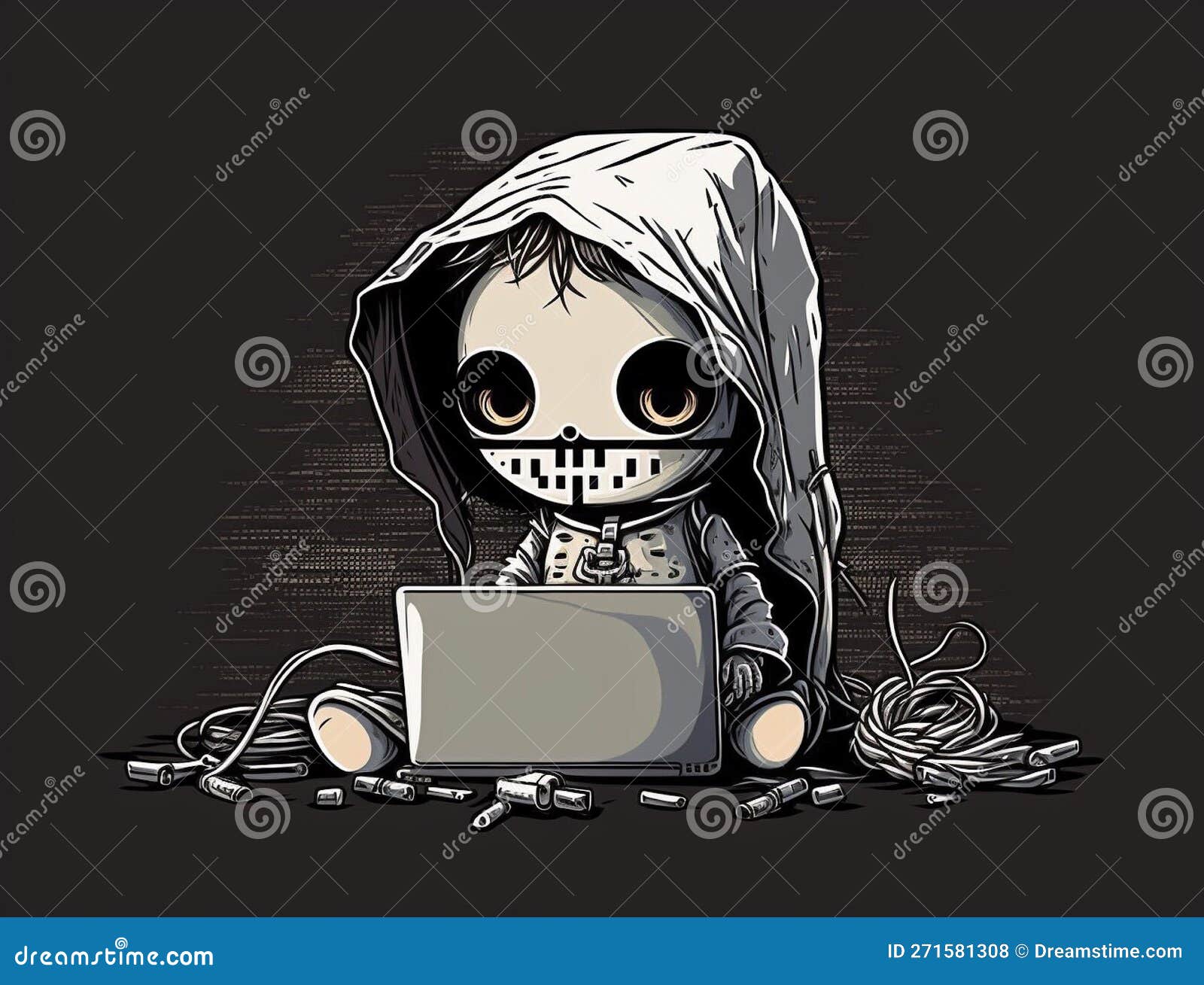 Cute Anonymous Hacker with White Hoodie Using Computer Laptop. Concept ...