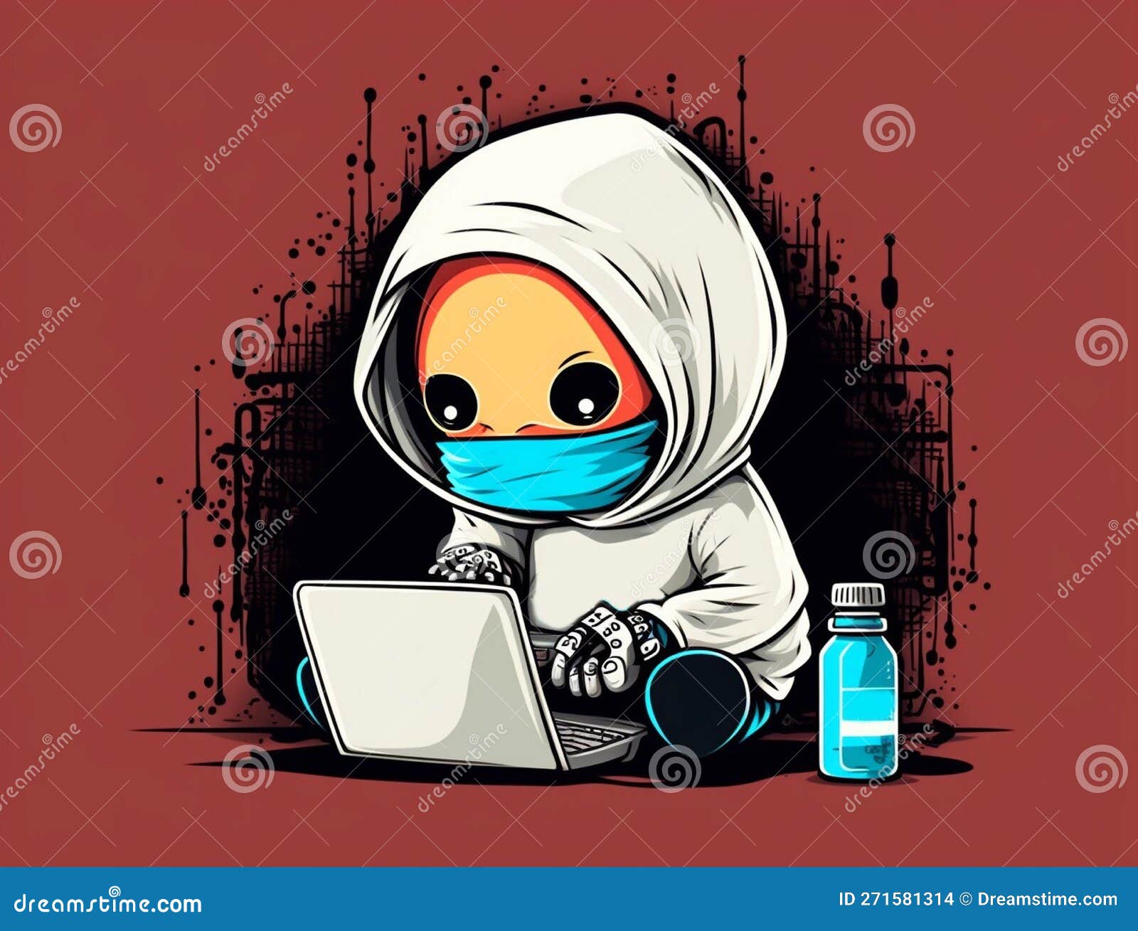 Cute Anonymous Hacker with White Hoodie Using Computer Laptop. Concept ...