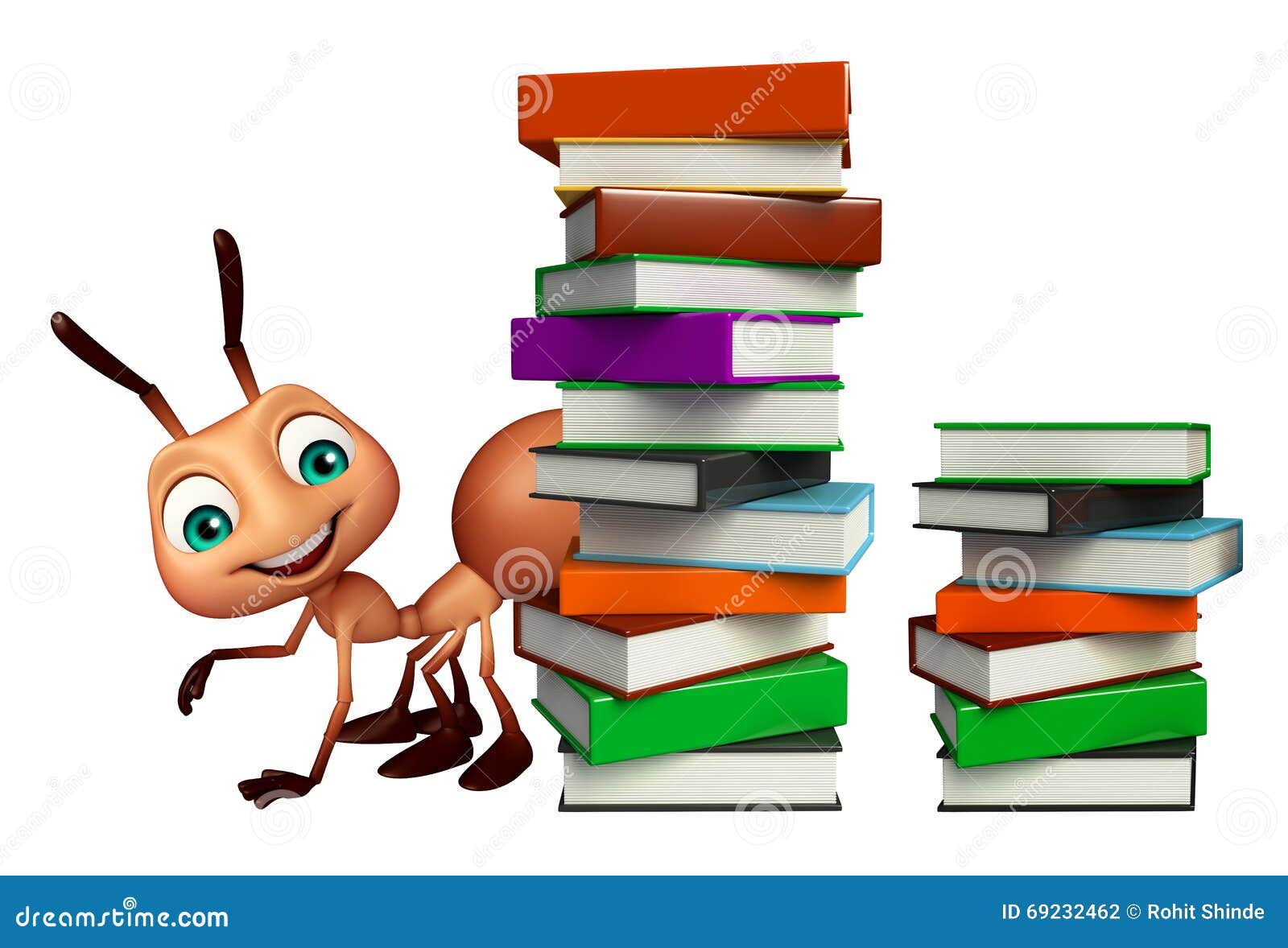 Cute Ant Cartoon Character with Book Stack Stock Illustration ...
