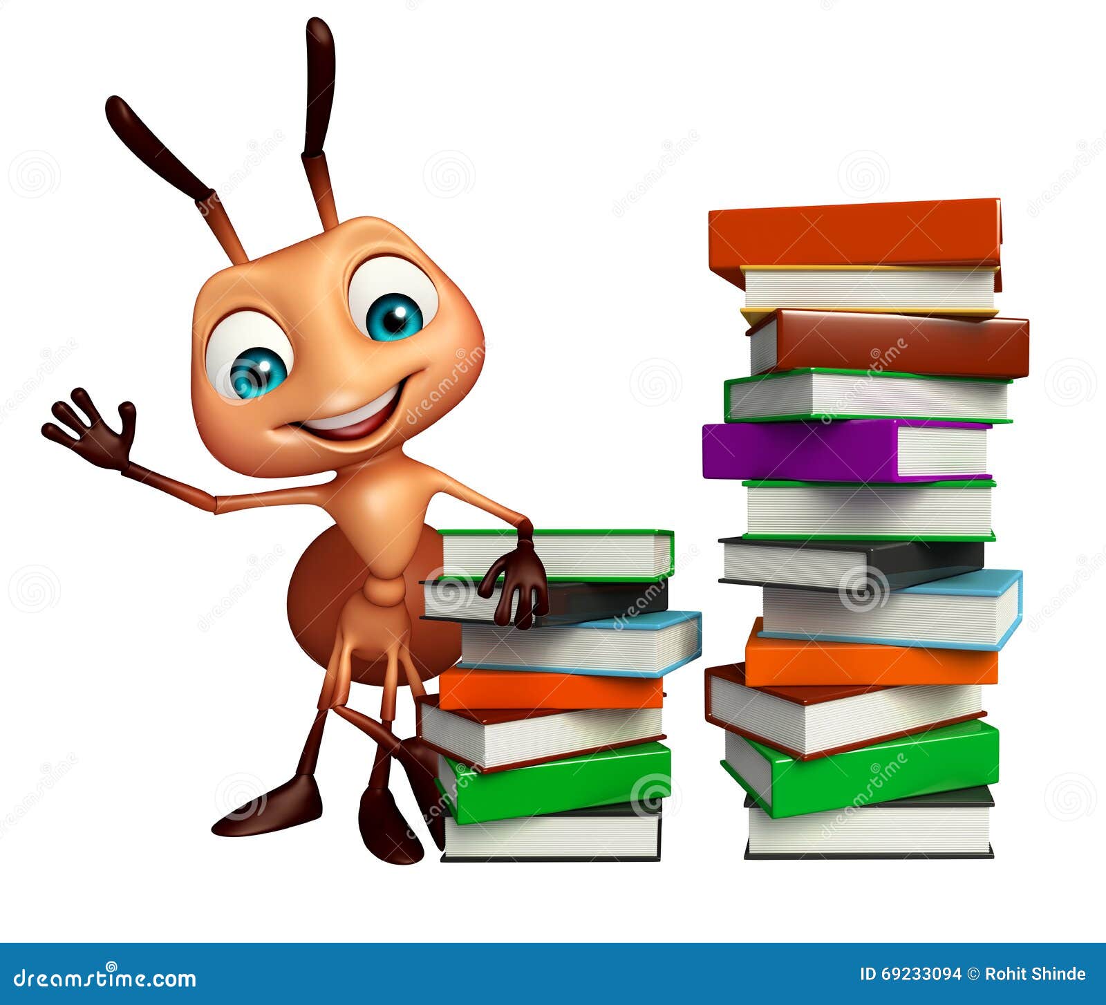 Cute Ant Cartoon Character With Book Stack Stock Illustration - Image ...