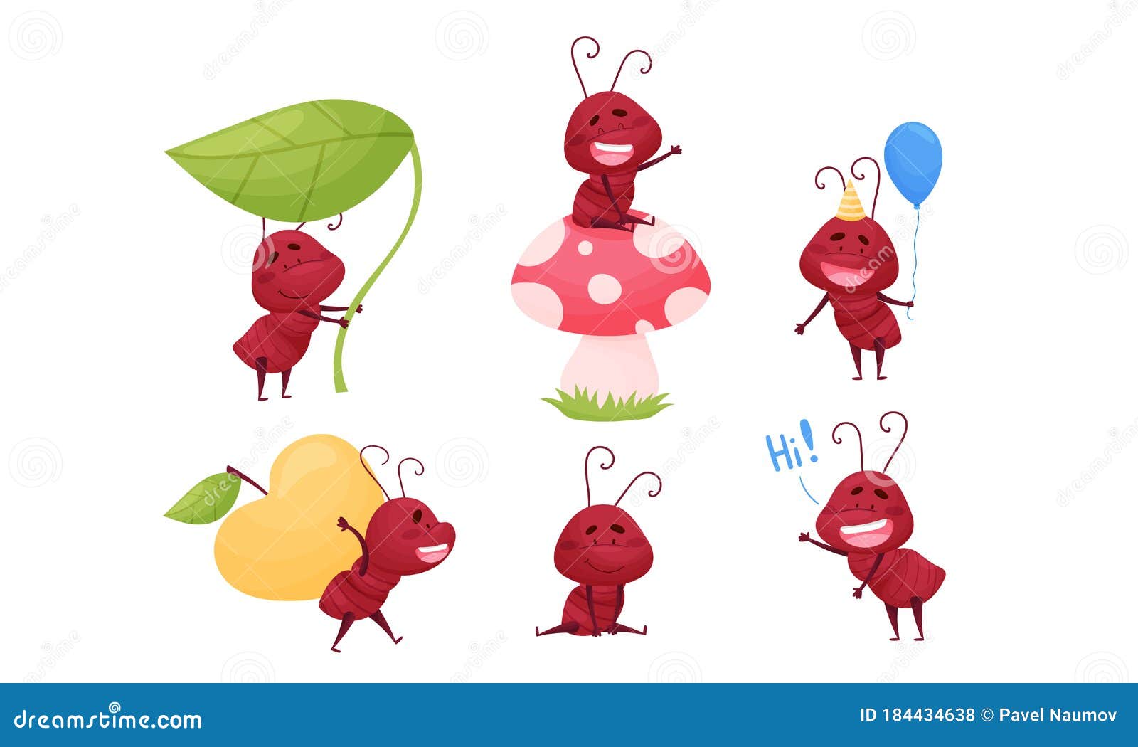 Cute Ant Character Sitting On Mushroom Cap And Carrying Huge Apple