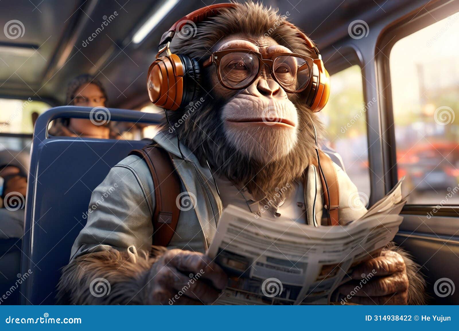 Cute Ape Reading Newspaper on the Bus Stock Illustration - Illustration ...