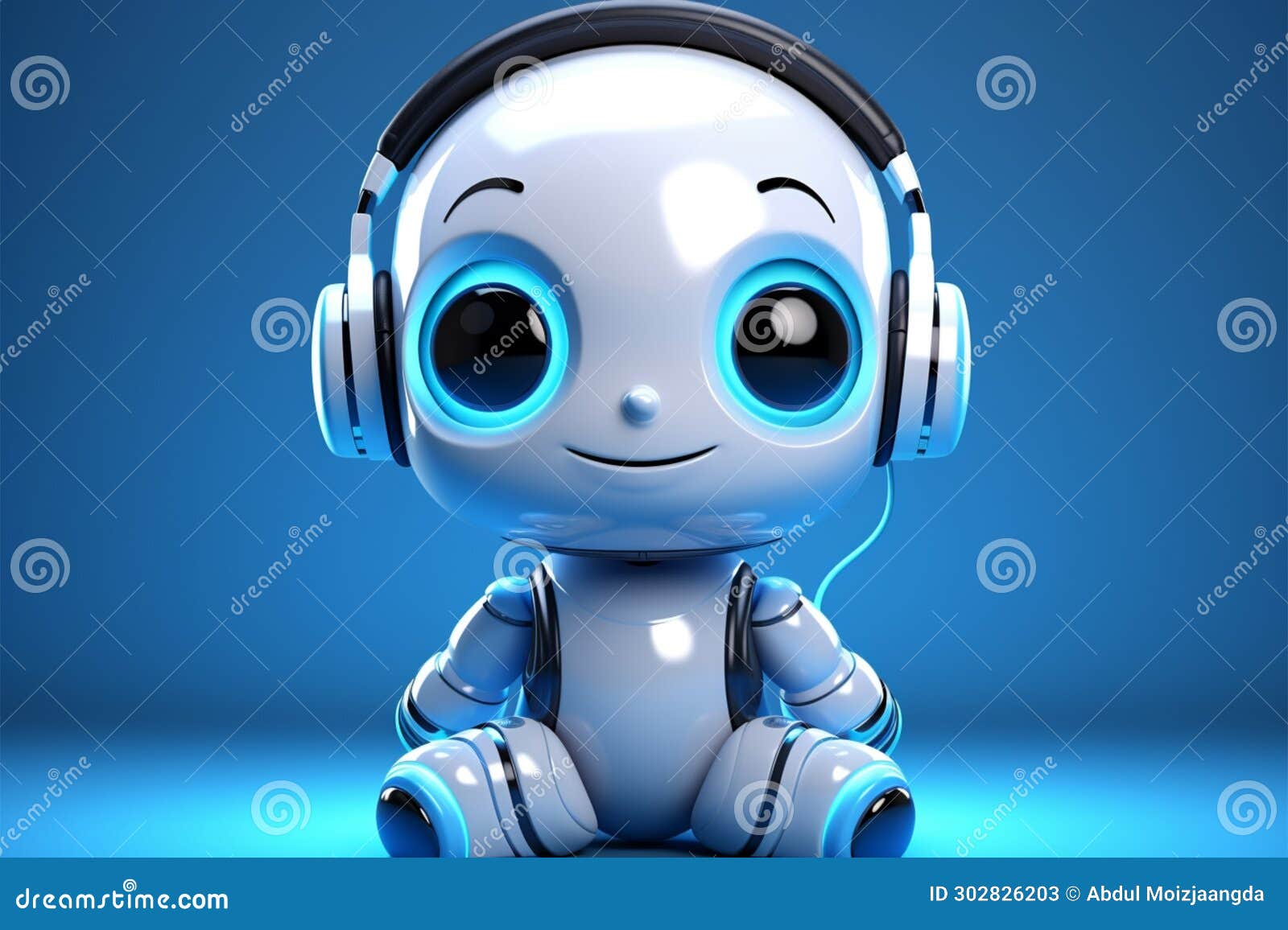 Cute Artificial Intelligence Chat Bot with Headphones on Blue Backdrop ...