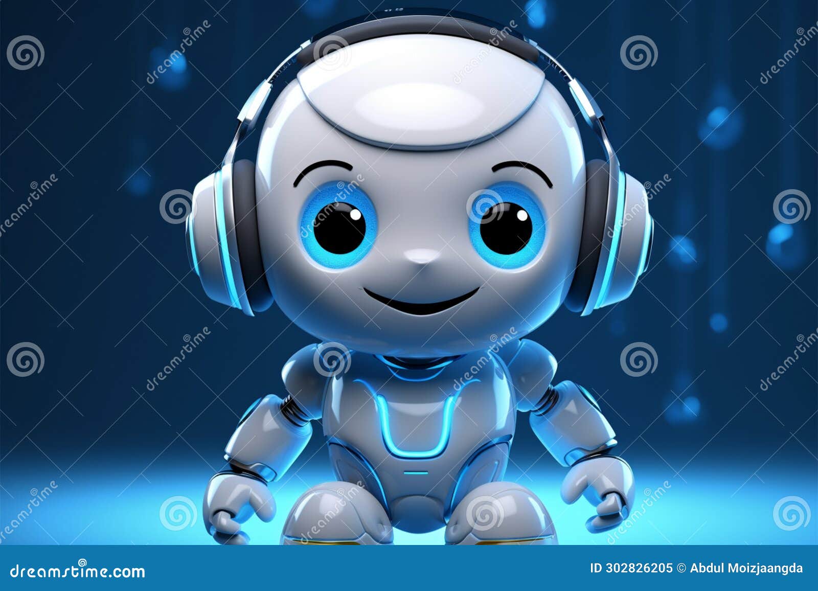 Cute Artificial Intelligence Chat Bot with Headphones on Blue Backdrop ...