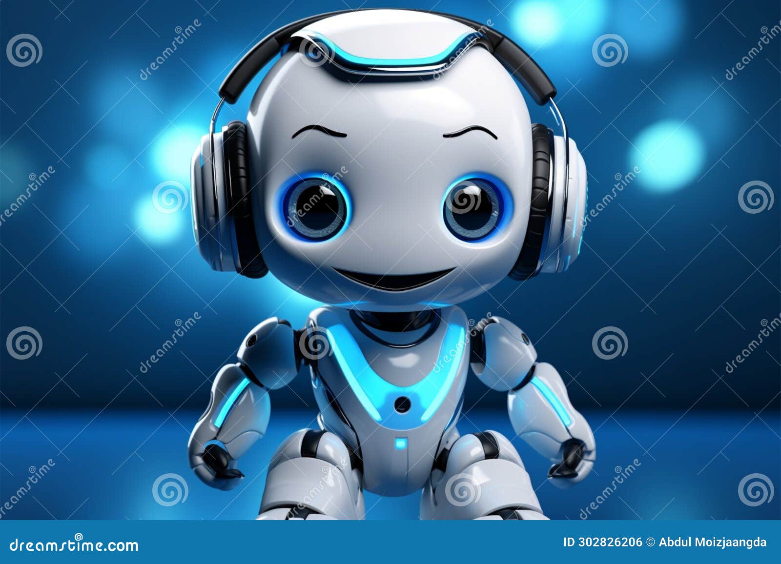 Cute Artificial Intelligence Chat Bot with Headphones on Blue Backdrop ...