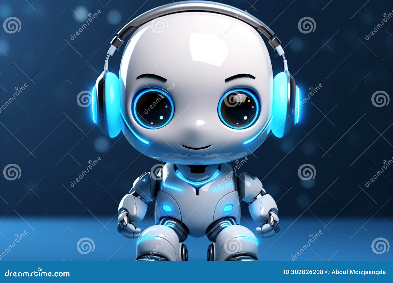 Cute Artificial Intelligence Chat Bot with Headphones on Blue Backdrop ...