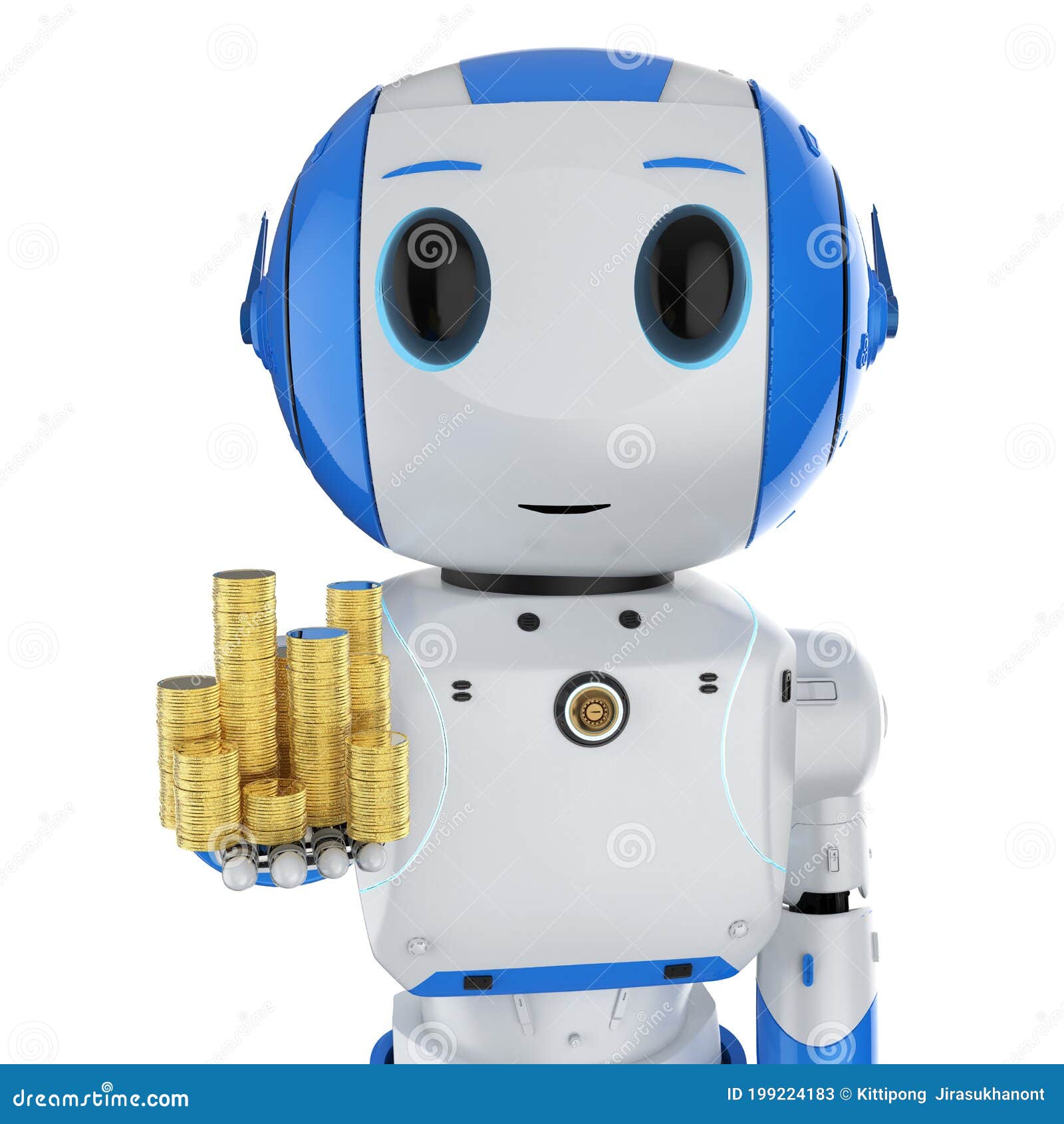 Cute Artificial Intelligence Robot with Gold Coins Stock Illustration ...