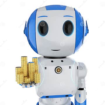 Cute Artificial Intelligence Robot with Gold Coins Stock Illustration ...