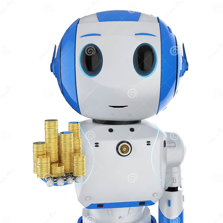 Cute Artificial Intelligence Robot with Gold Coins Stock Illustration ...