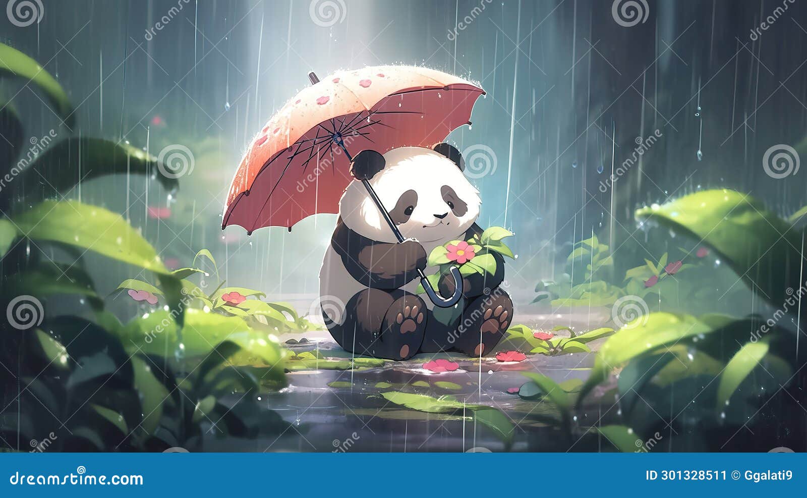 A Cute Artwork of a Panda Holding an Umbrella in Rain Stock ...