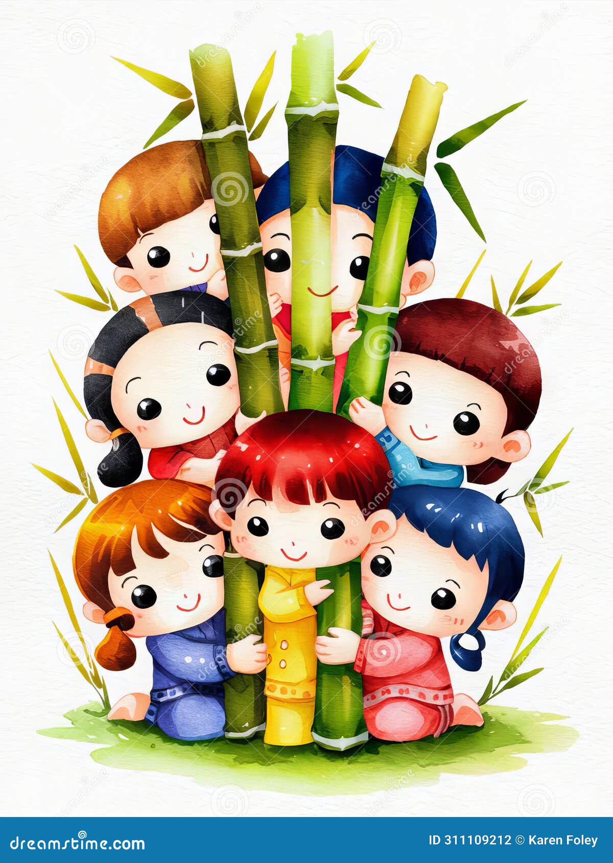 Cute Asian Children in Bamboo Stock Illustration - Illustration of ...