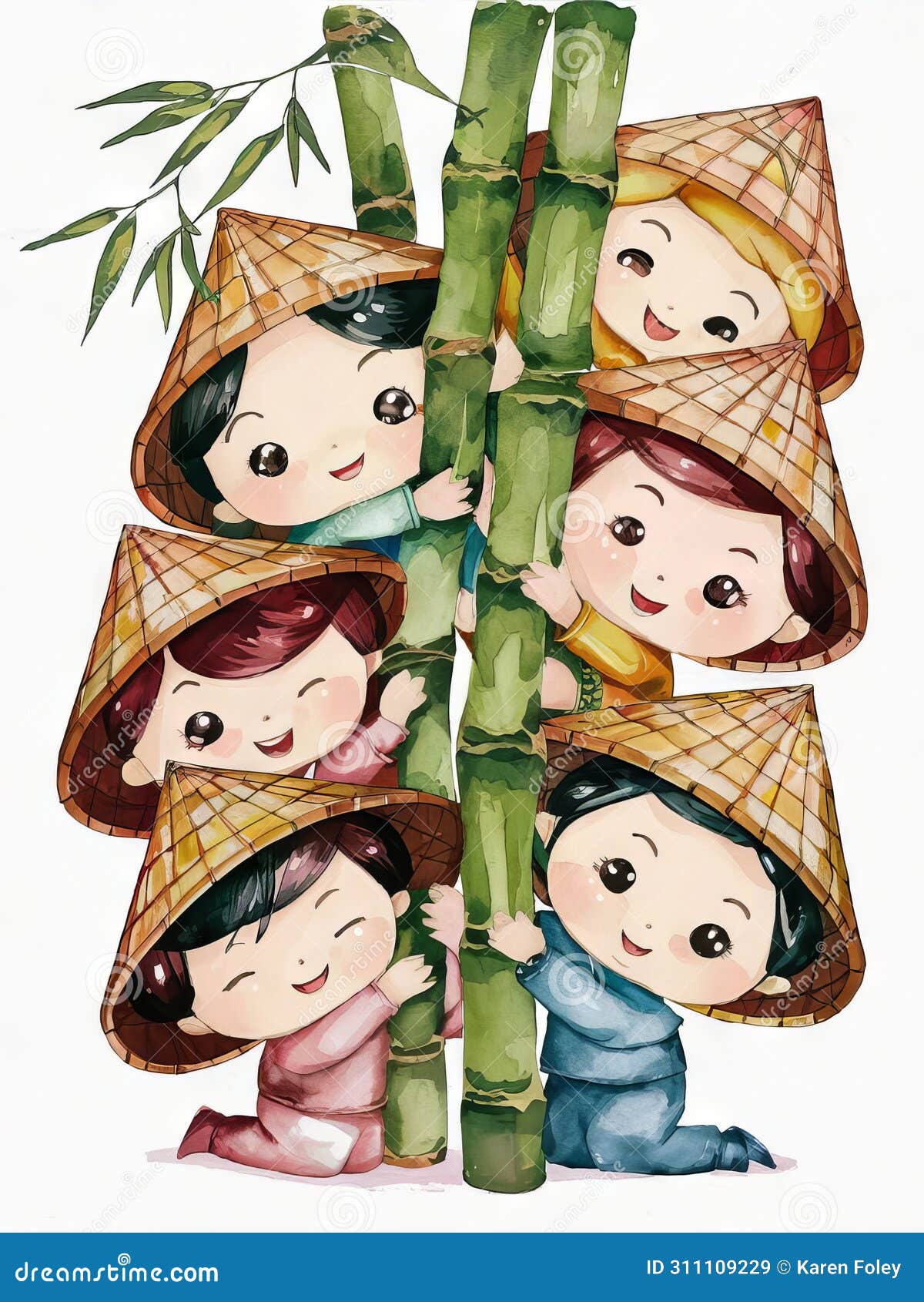 Cute Asian Children in Bamboo Stock Illustration - Illustration of ...