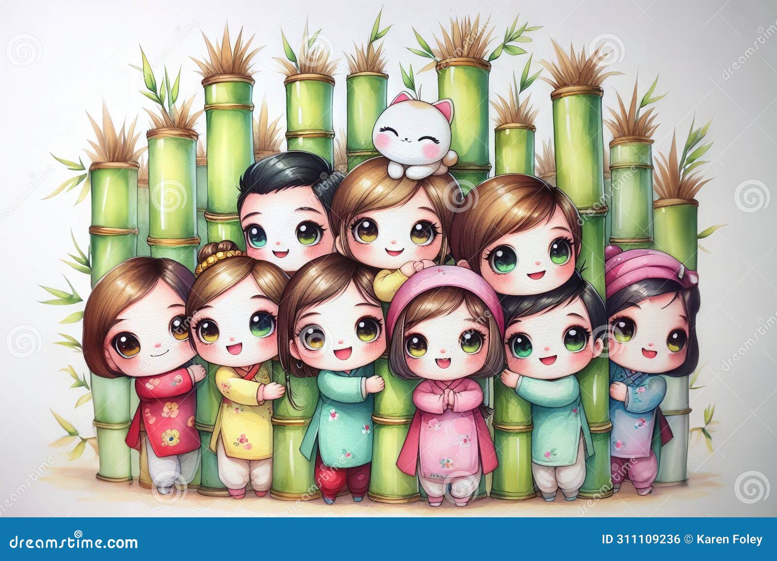 Cute Asian Children in Bamboo Stock Illustration - Illustration of ...