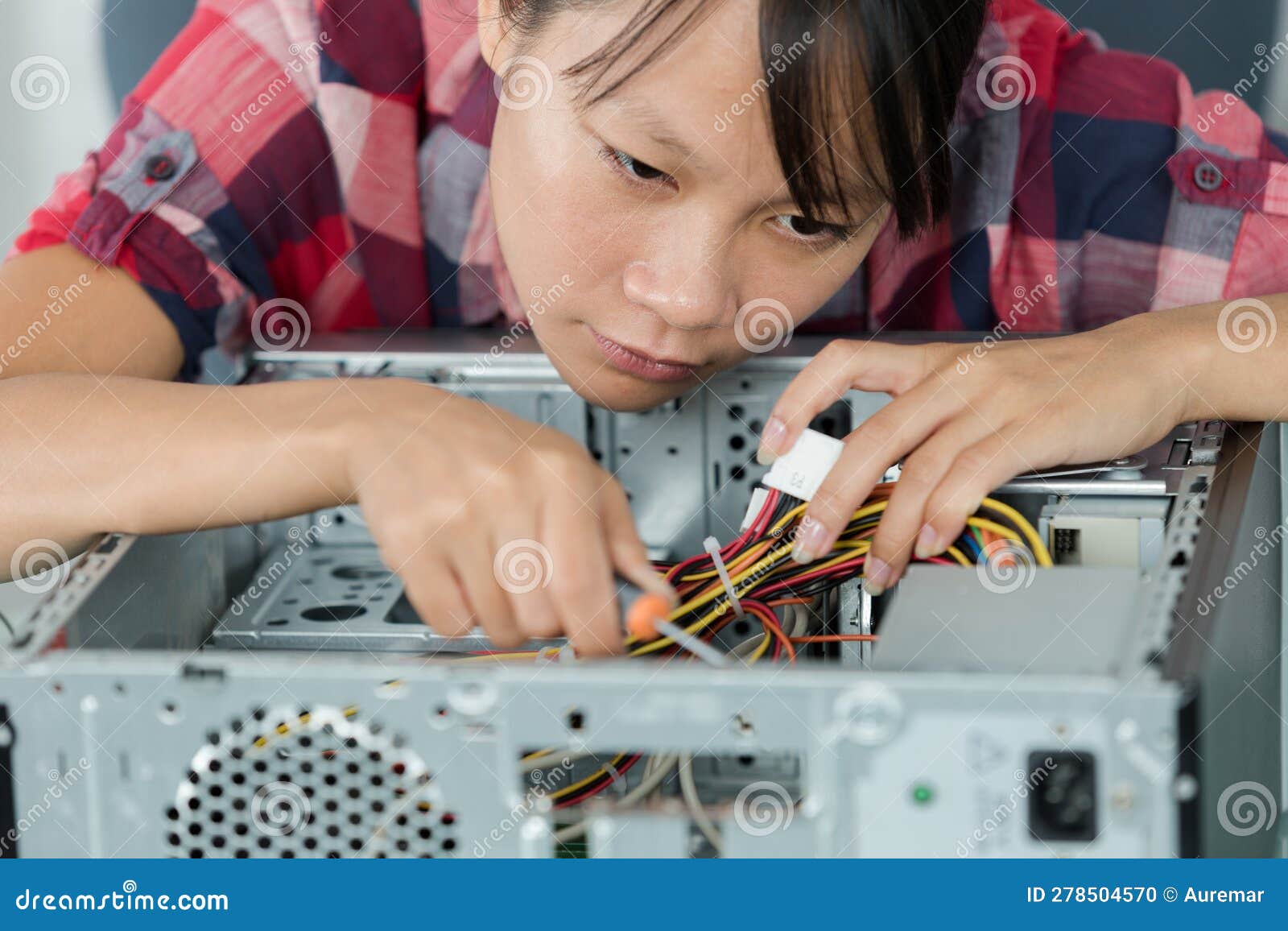 Cute Asian Technician Working on Computer Stock Photo - Image of ...