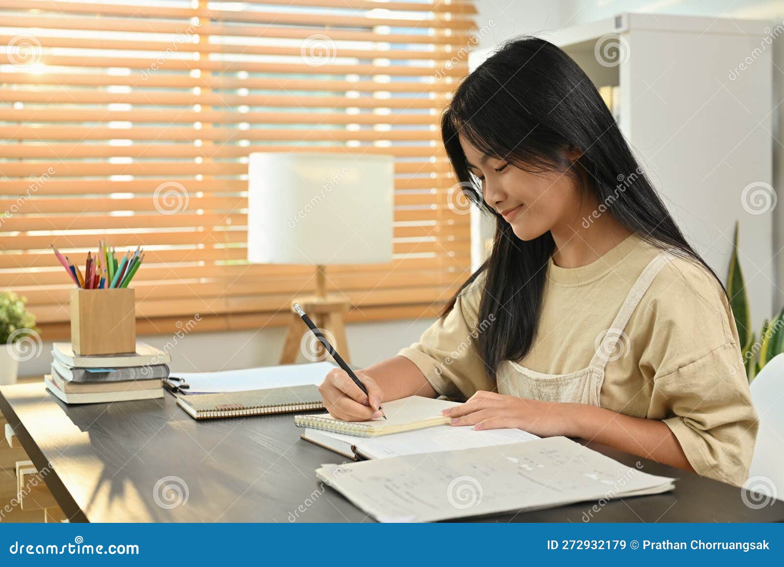 Cute Asian Teenage Student, Doing Homework, Writing Task, Taking Notes ...