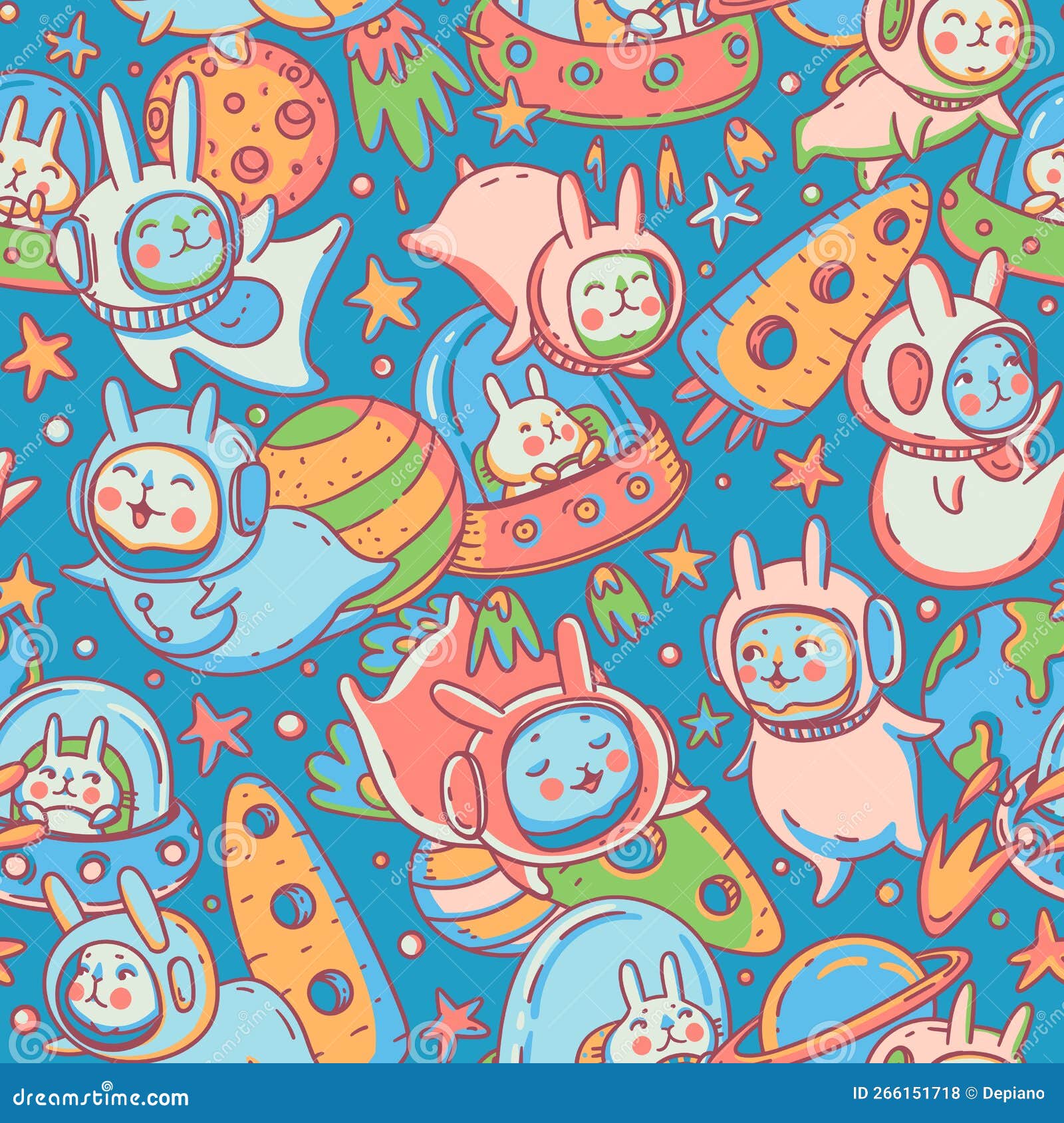 Cute Astronaut Bunnies Vector Seamless Pattern, Doodle Funny Space ...